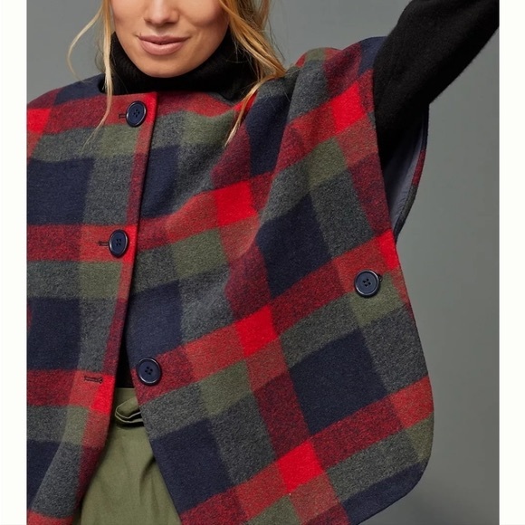 Maeve | Jackets & Coats | Anthropologie Plaid Cropped Cape Navy Red ...